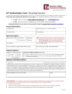 LV Recurring EFT Authorization Form | Lebanon Valley Insurance Company